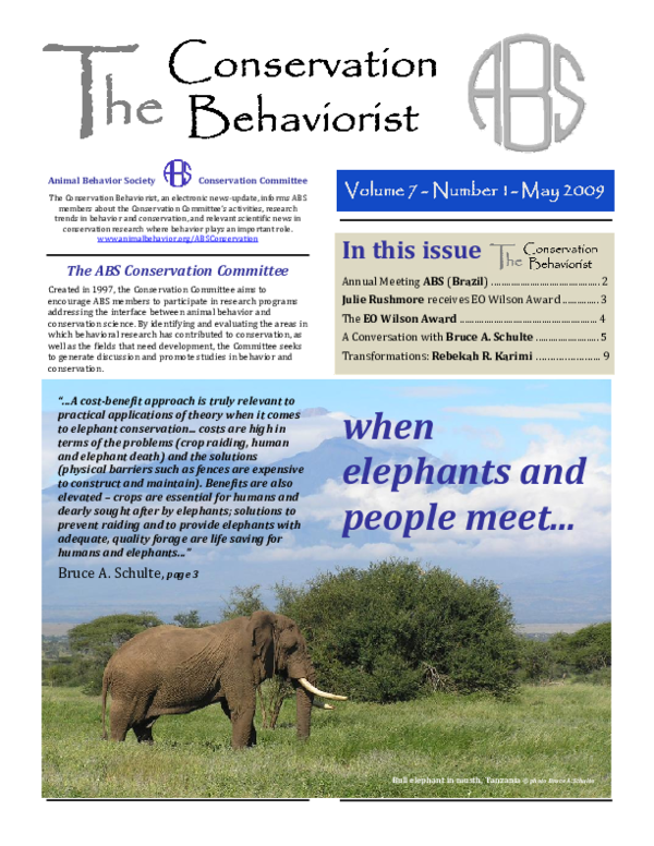 The Conservation Behaviorist Vol 7. No. 1 - Animal Behavior Society