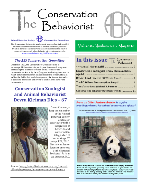 The Conservation Behaviorist Vol 8, No. 1 & 2 - Animal Behavior Society