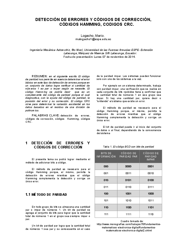 (DOC) DETECCIÓN DE ERRORES Y CÓDIGOS DE CORRECCIÓN, CÓDIGOS HAMMING ...