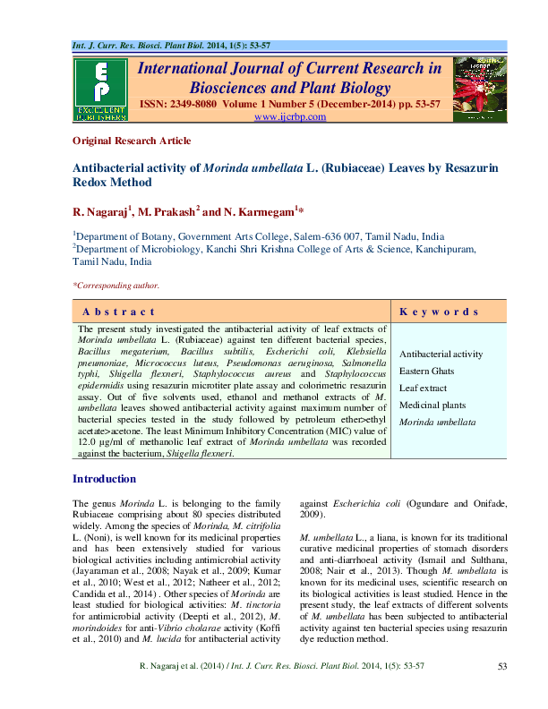 (PDF) Antibacterial activity of Morinda umbellata L. (Rubiaceae) Leaves by Resazurin Redox Method