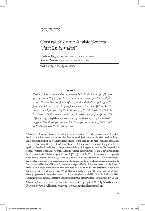 (PDF) Central Sudanic Arabic Scripts (Part 2): The Barnawi
