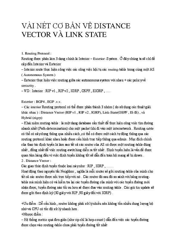 (DOC) VAI NET CƠ BẢN VỀ DISTANCE VECTOR VA LINK STATE