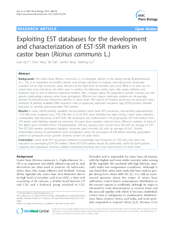 (PDF) Exploiting EST databases for the development and characterization of EST-SSR markers in ...