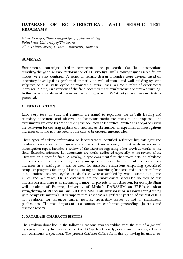 (PDF) DATABASE OF RC STRUCTURAL WALL SEISMIC TEST PROGRAMS