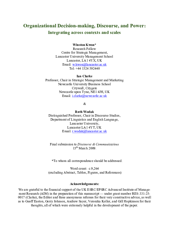 (PDF) Organizational decision-making, discourse, and power: integrating ...