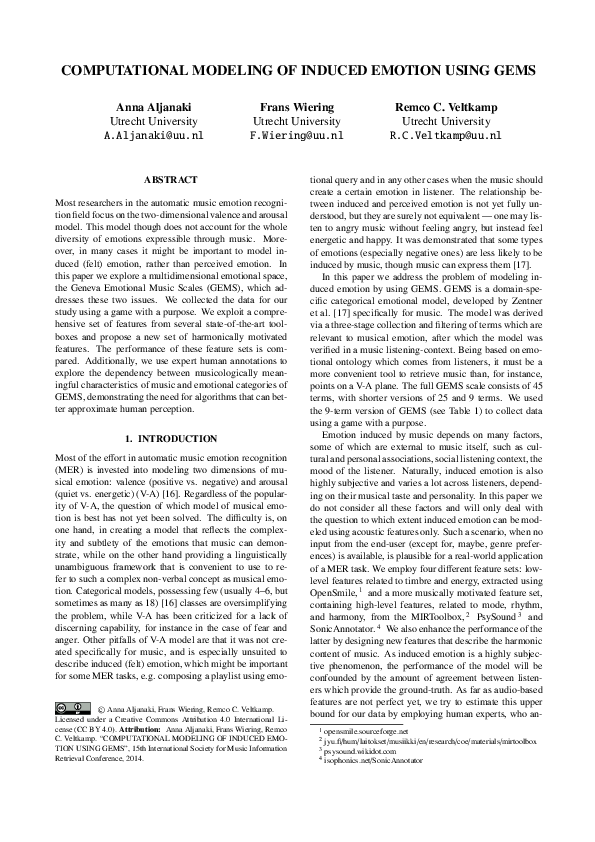 Computational Modeling Of Induced Emotion Using Gems