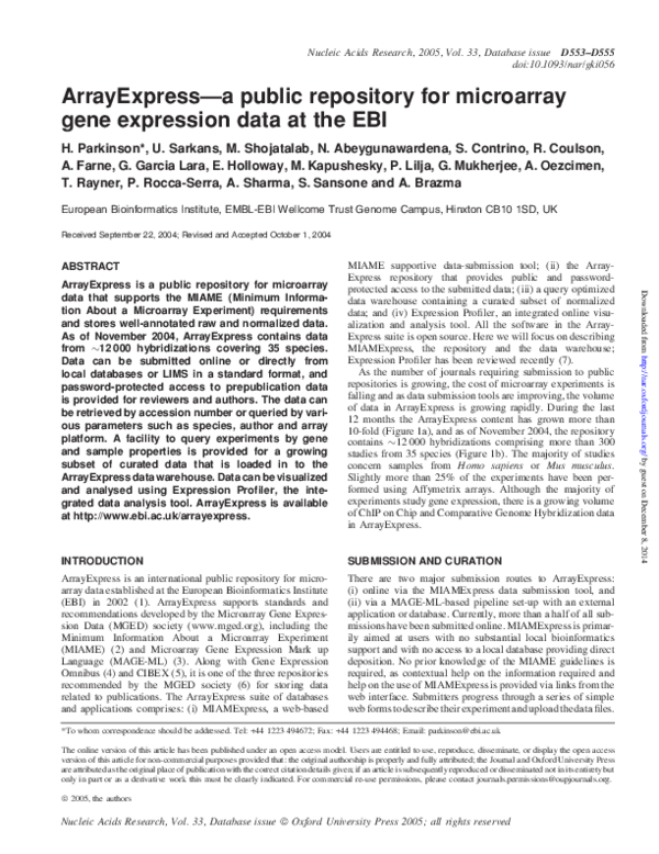 (PDF) ArrayExpress - a public repository for microarray gene expression data at the EBI