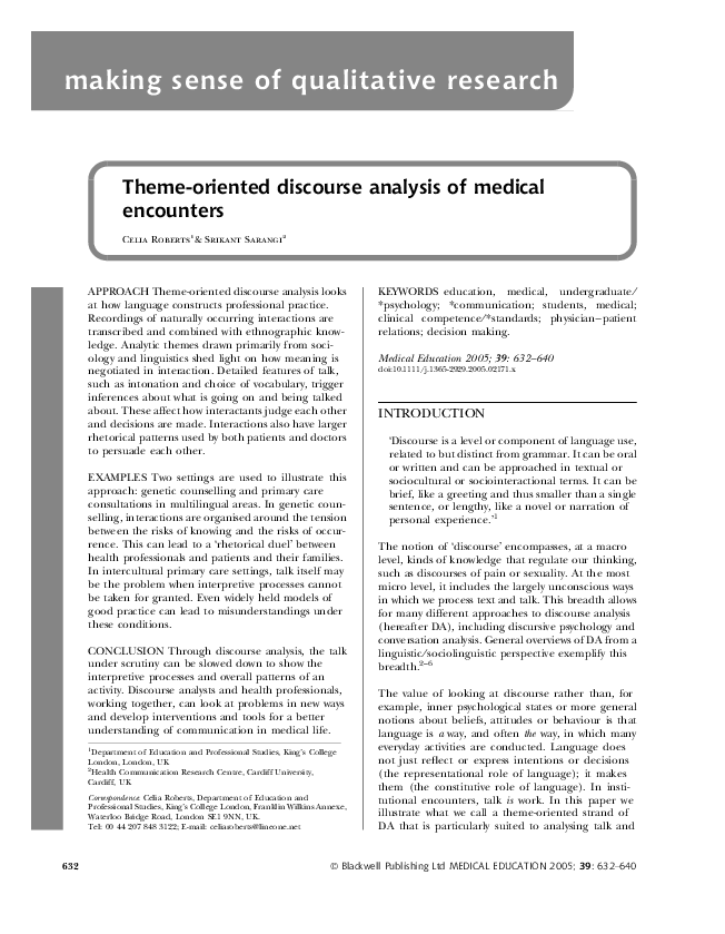 (PDF) Theme-oriented discourse analysis of medical encounters