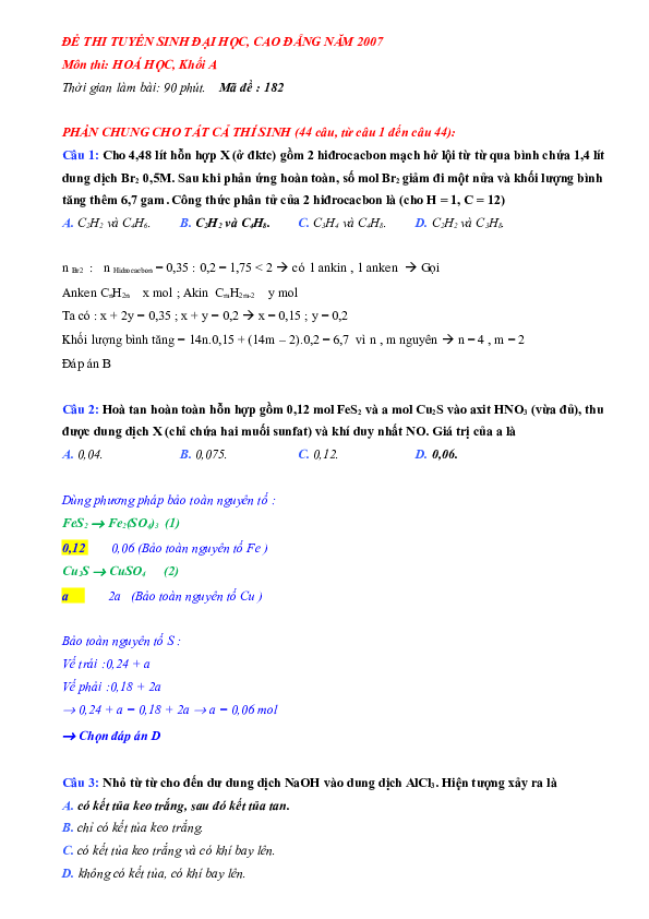 (DOC) Đ THI TUY N SINH Đ I H C, CAO Đ NG NĂM 2007 Môn thi: HOÁ Mã đ : 182 lít dung d ch Br 2 0 ...