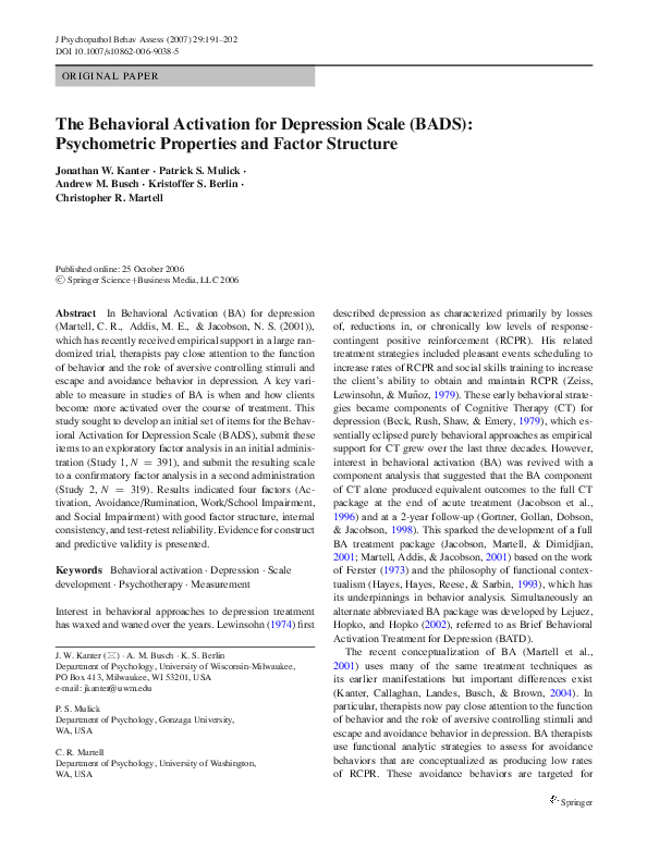 (PDF) The Behavioral Activation for Depression Scale (BADS ...