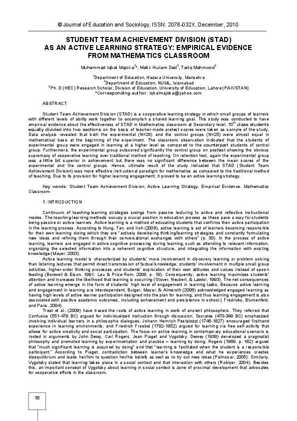 (PDF) STUDENT TEAM ACHIEVEMENT DIVISION (STAD) AS AN ACTIVE LEARNING STRATEGY: EMPIRICAL ...