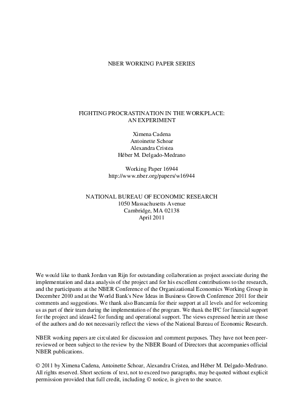 (PDF) Fighting Procrastination in the Workplace: An Experiment | Ximena ...
