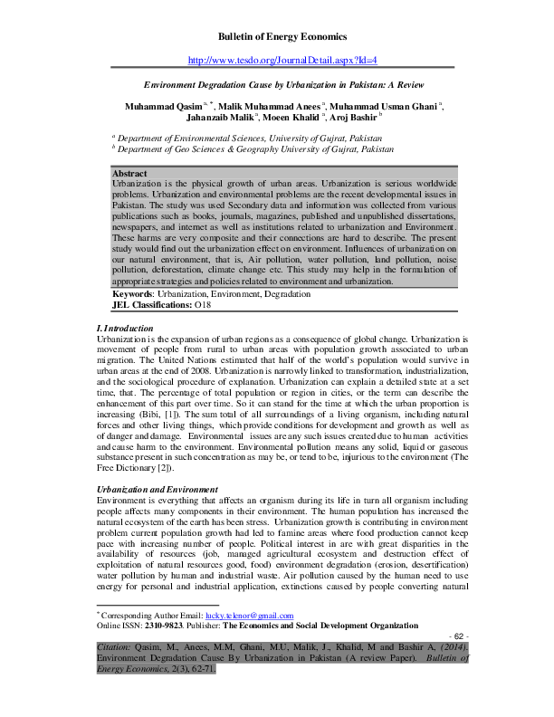 (PDF) Environment Degradation Cause by Urbanization in Pakistan: A Review