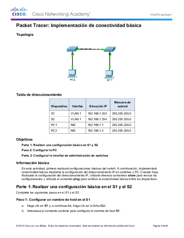 (PDF) Packet Tracer: Implementación de conectividad básica Topología Tabla de direccionamiento
