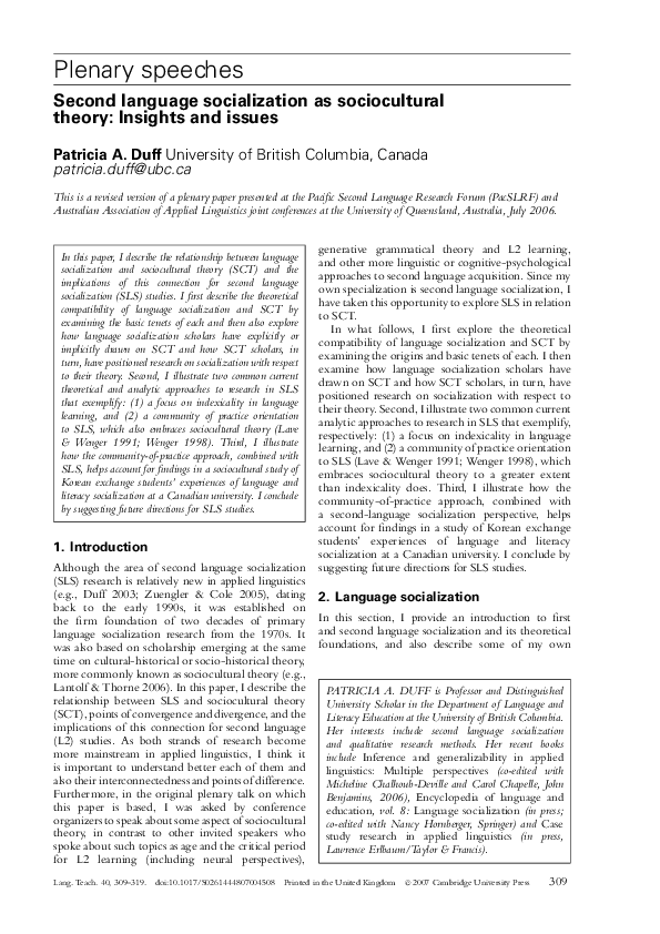 (PDF) Second language socialization as sociocultural theory: Insights and issues - 2007