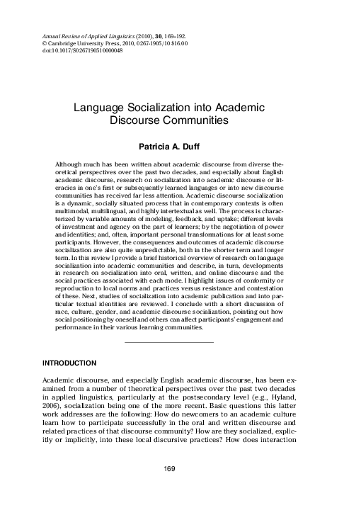 Pdf Language Socialization Into Academic Discourse Communities 2010