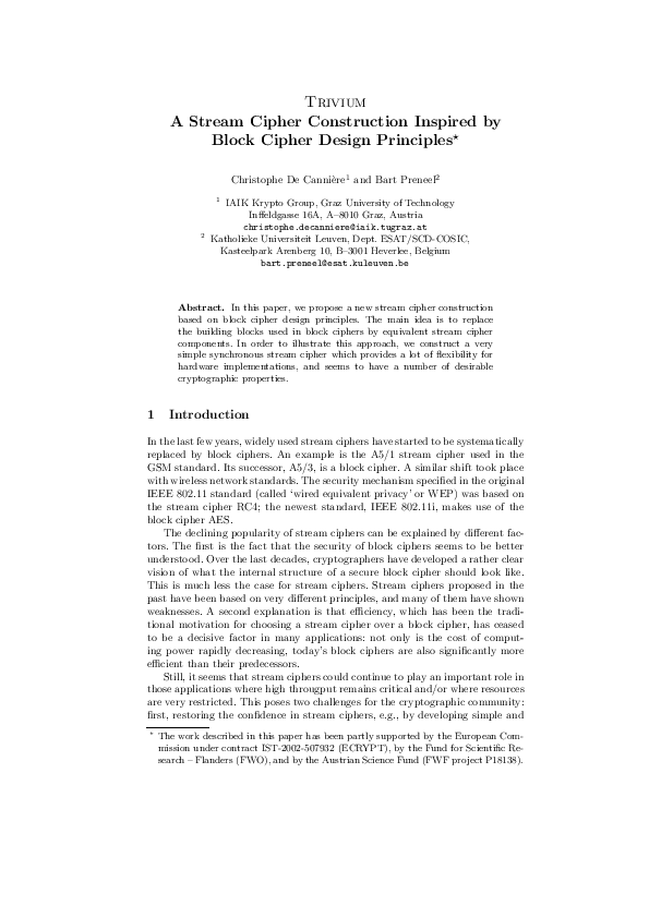 Pdf Trivium A Stream Cipher Construction Inspired By Block Cipher Design Principles