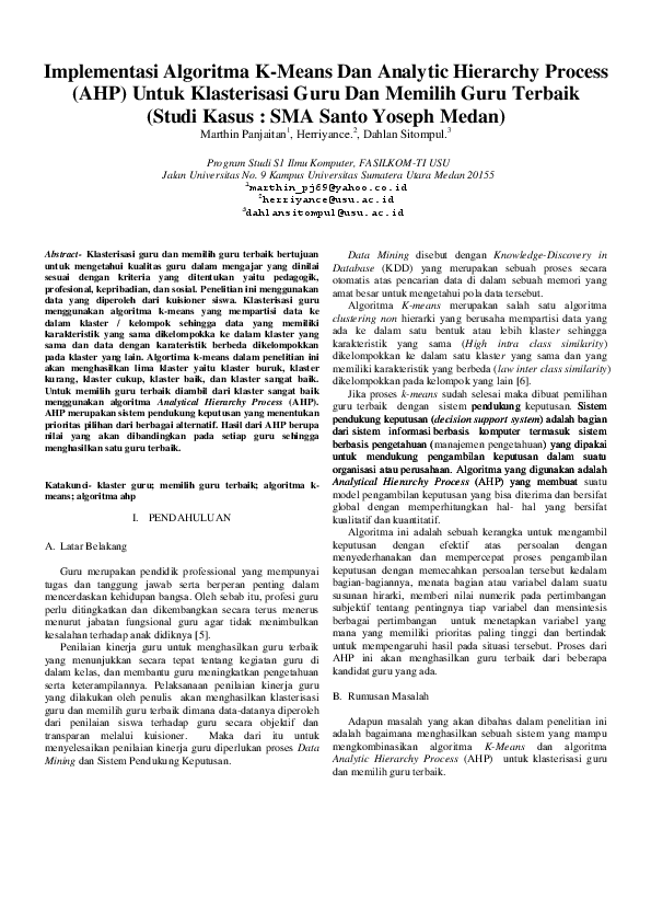 Pdf Implementasi Algoritma K Means Dan Analytic Hierarchy Process