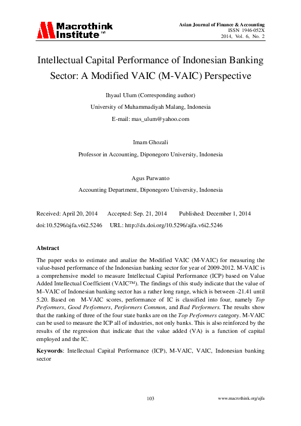 (PDF) Intellectual Capital Performance of Indonesian Banking Sector: A Modified VAIC (M-VAIC ...