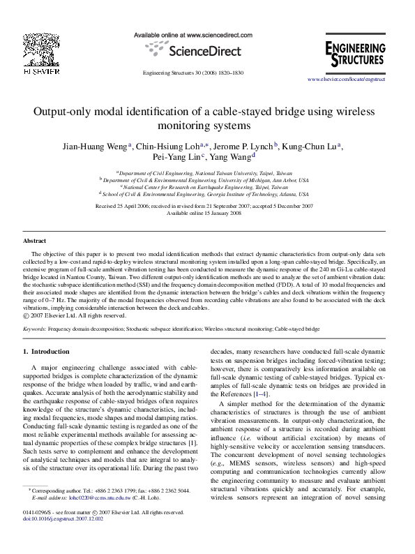 Pdf Output Only Modal Identification Of A Cable Stayed Bridge Using