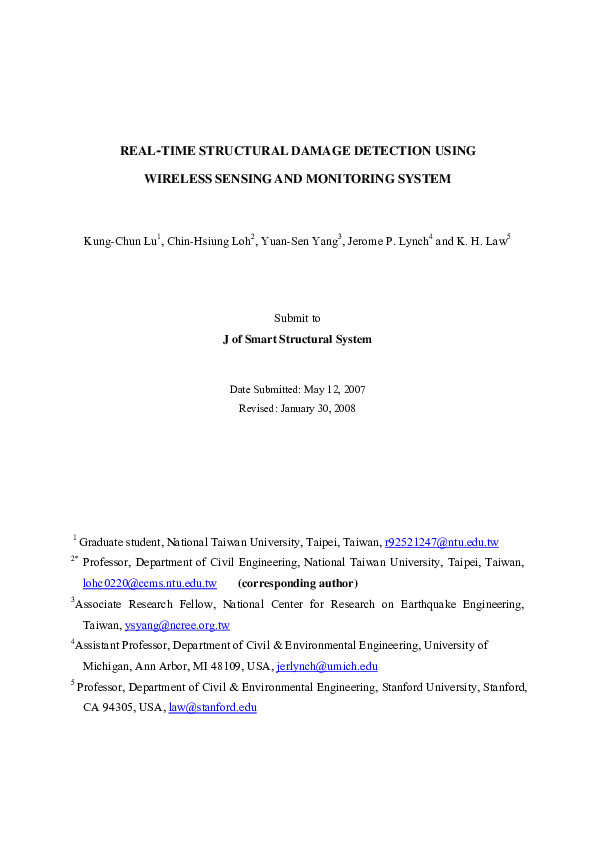 (PDF) REAL-TIME STRUCTURAL DAMAGE DETECTION USING WIRELESS SENSING AND MONITORING SYSTEM | kung ...
