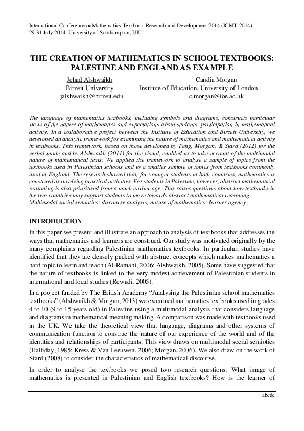 The creation of mathematics in school textbooks: Palestine and England ...