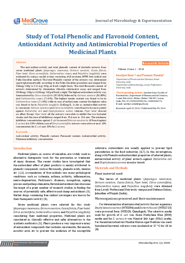 (PDF) Study of Total Phenolic and Flavonoid Content, Antioxidant Activity and Antimicrobial ...