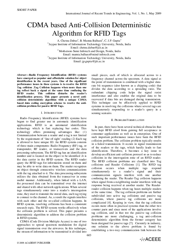 Pdf Cdma Based Anticollision Deterministic Algorithm For Rfid Tags