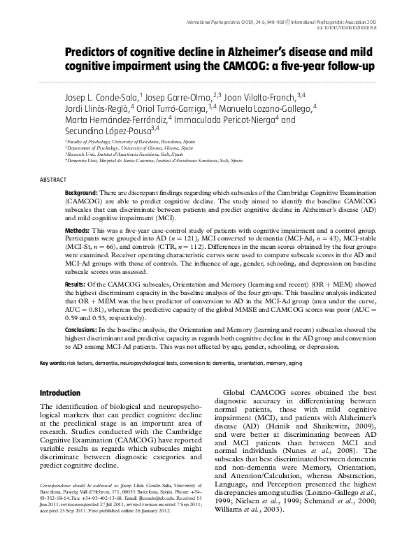 (PDF) Predictors of cognitive decline in Alzheimer's disease and mild ...