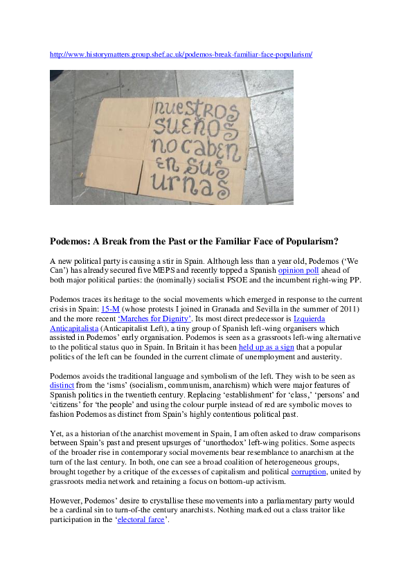 (DOC) Podemos - A Break from the Past or the Familar Face of Popularism?