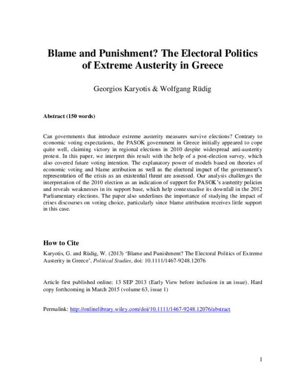 (PDF) Blame and Punishment? The Electoral Politics of Extreme Austerity ...