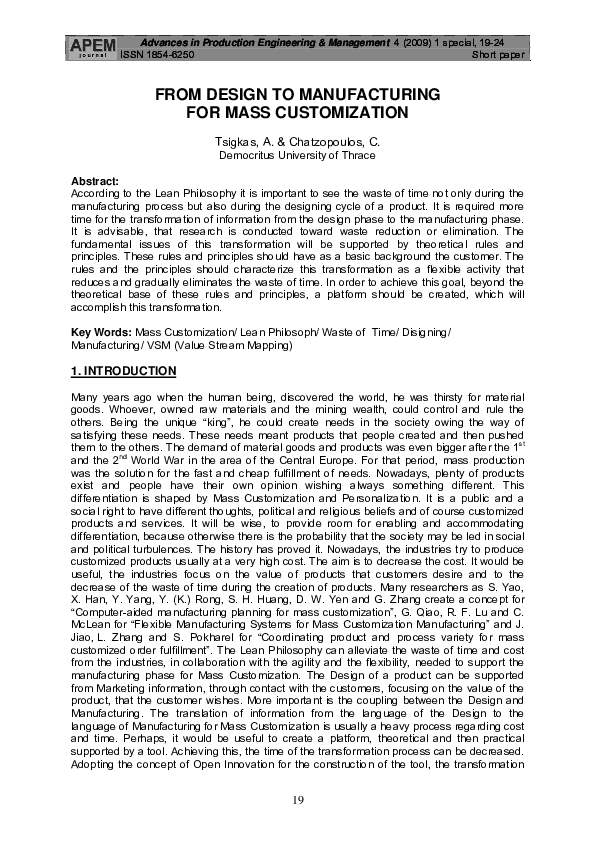 (PDF) From design to manufacturing for mass customization