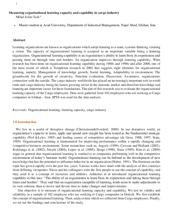 (PDF) Measuring organizational learning capacity and capability in cargo industry Milad Jafari Tadi