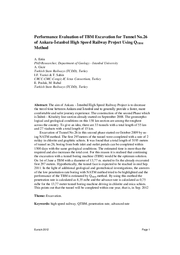 (PDF) Performance Evaluation of TBM Excavation for Tunnel No.26 of Ankara-İstanbul High Speed ...