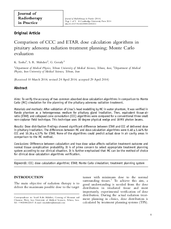 (PDF) Comparison of CCC and ETAR dose calculation algorithms in pituitary adenoma radiation ...
