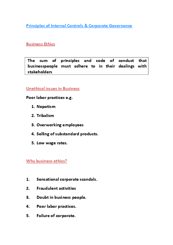 (DOC) Principles of Internal Controls & Corporate Governance Business Ethics