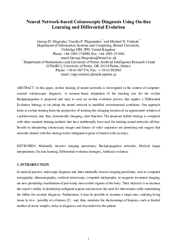 (PDF) Neural network-based colonoscopic diagnosis using on-line learning and differential evolution