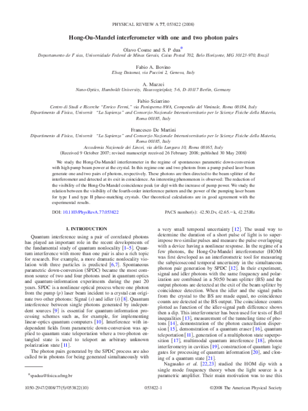 (PDF) Hong-Ou-Mandel interferometer with one and two photon pairs | Fabio Bovino - Academia.edu