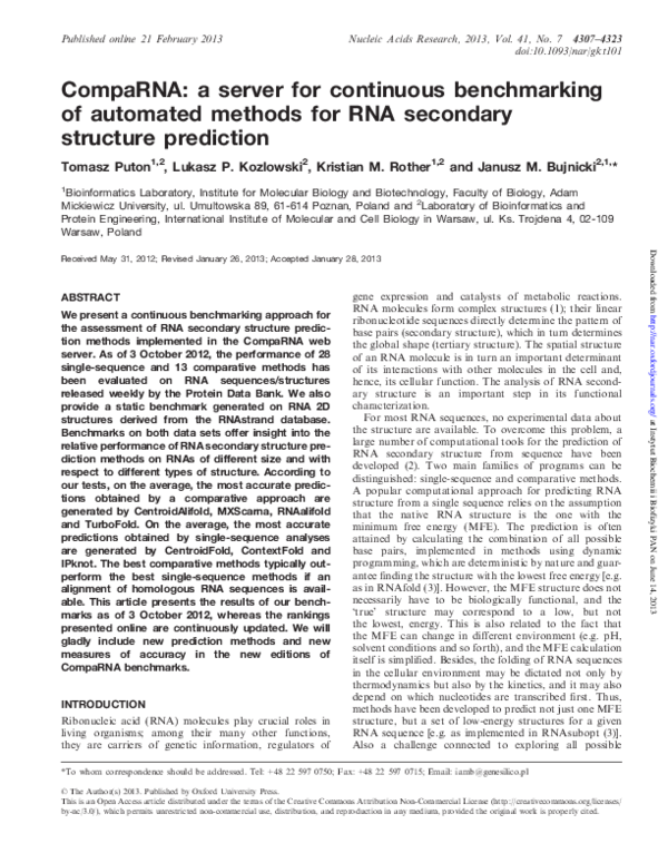 (PDF) CompaRNA: a server for continuous benchmarking of automated methods for RNA secondary ...