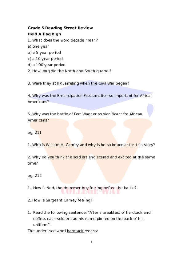 (DOC) Grade 5 Reading Street Review Hold A flag