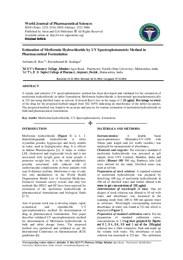 (PDF) Estimation of Metformin Hydrochloride by UV Spectrophotometric ...