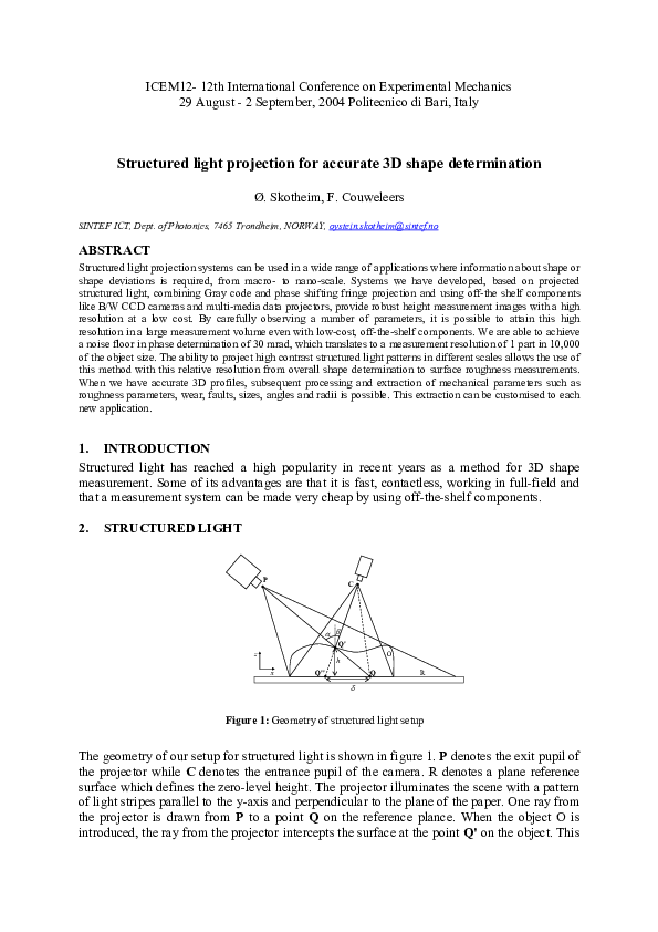 (PDF) Structured light projection for accurate 3D shape determination