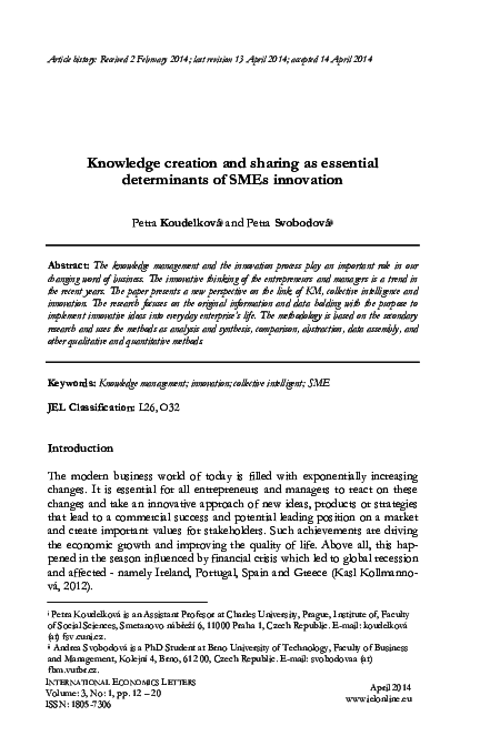 (PDF) Knowledge creation and sharing as essential determinants of SMEs innovation