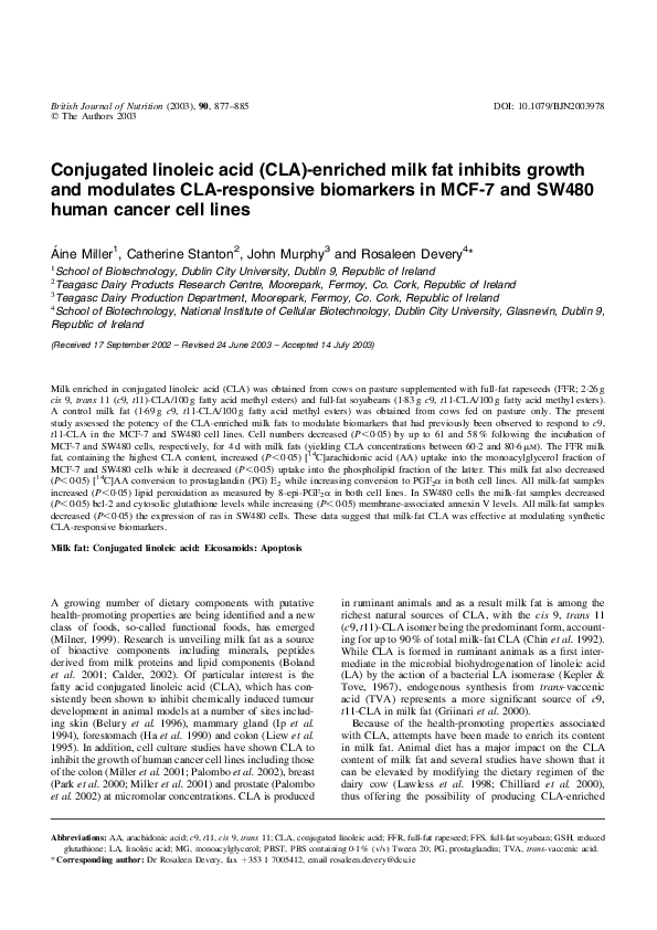 (PDF) Conjugated linoleic acid (CLA)-enriched milk fat inhibits growth ...