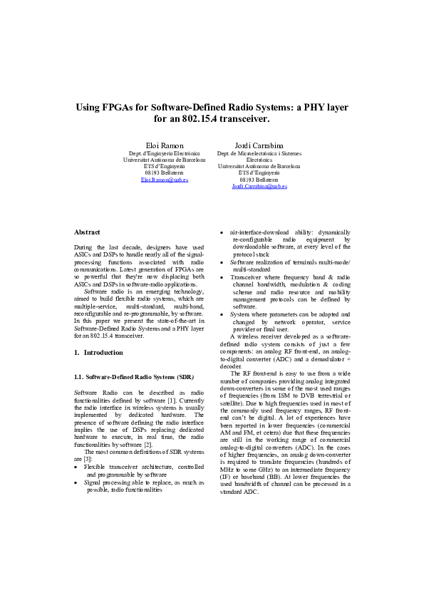 (PDF) Using FPGAs for Software-Defined Radio Systems: a PHY layer for an 802.15. 4 transceiver.