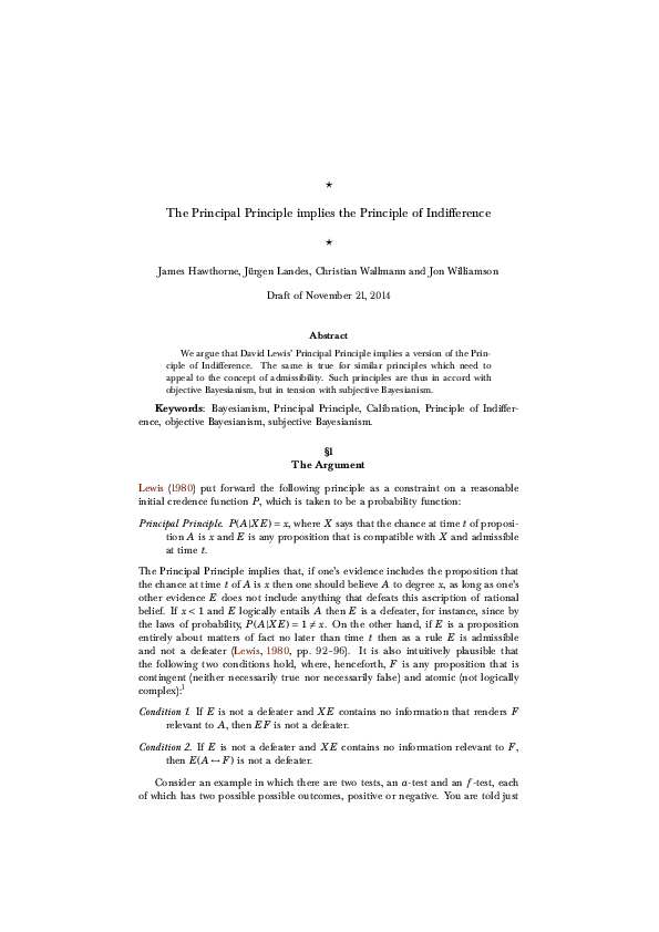 (PDF) The Principal Principle implies the Principle of Indifference