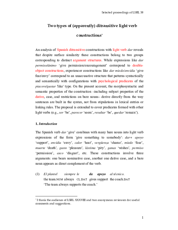 (PDF) Two types of (apparently) ditransitive light verb