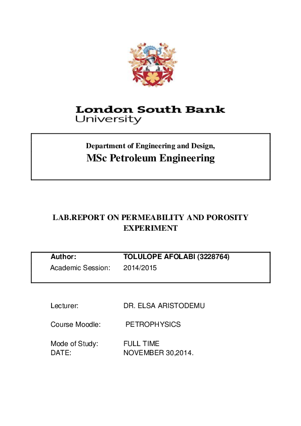 (DOC) LAB REPORT FOR PERMEABILITY AND POROSITY
