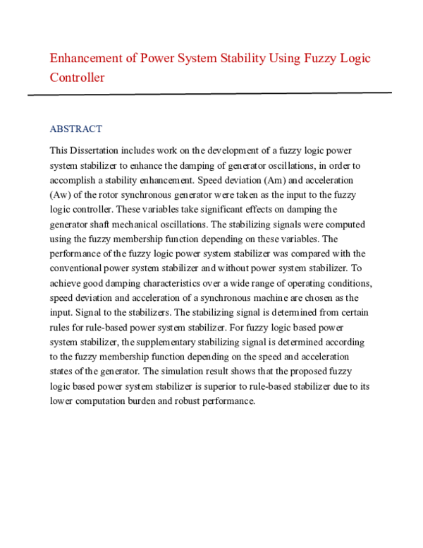 (DOC) Enhancement of Power System Stability Using Fuzzy Logic Controller