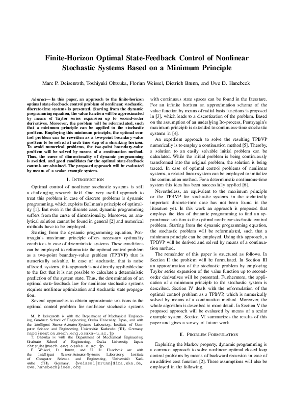 Pdf Finite Horizon Optimal State Feedback Control Of Nonlinear Stochastic Systems Based On A